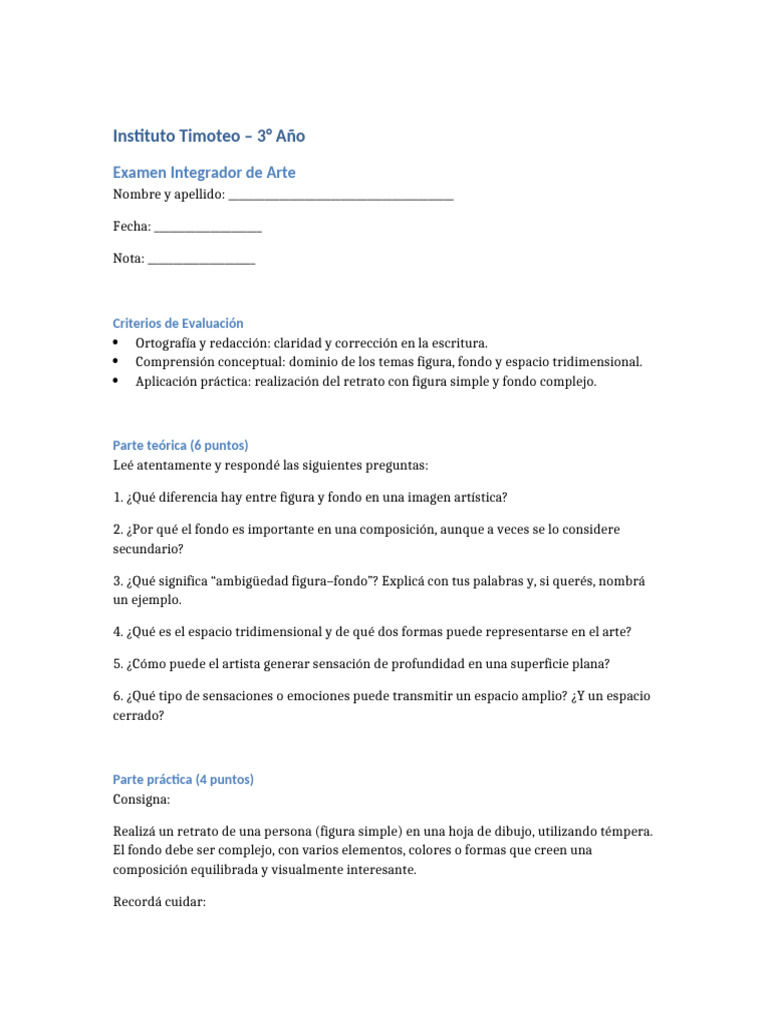 Examen Integrador Arte 3A%C3%B1o Instituto Timoteo | PDF