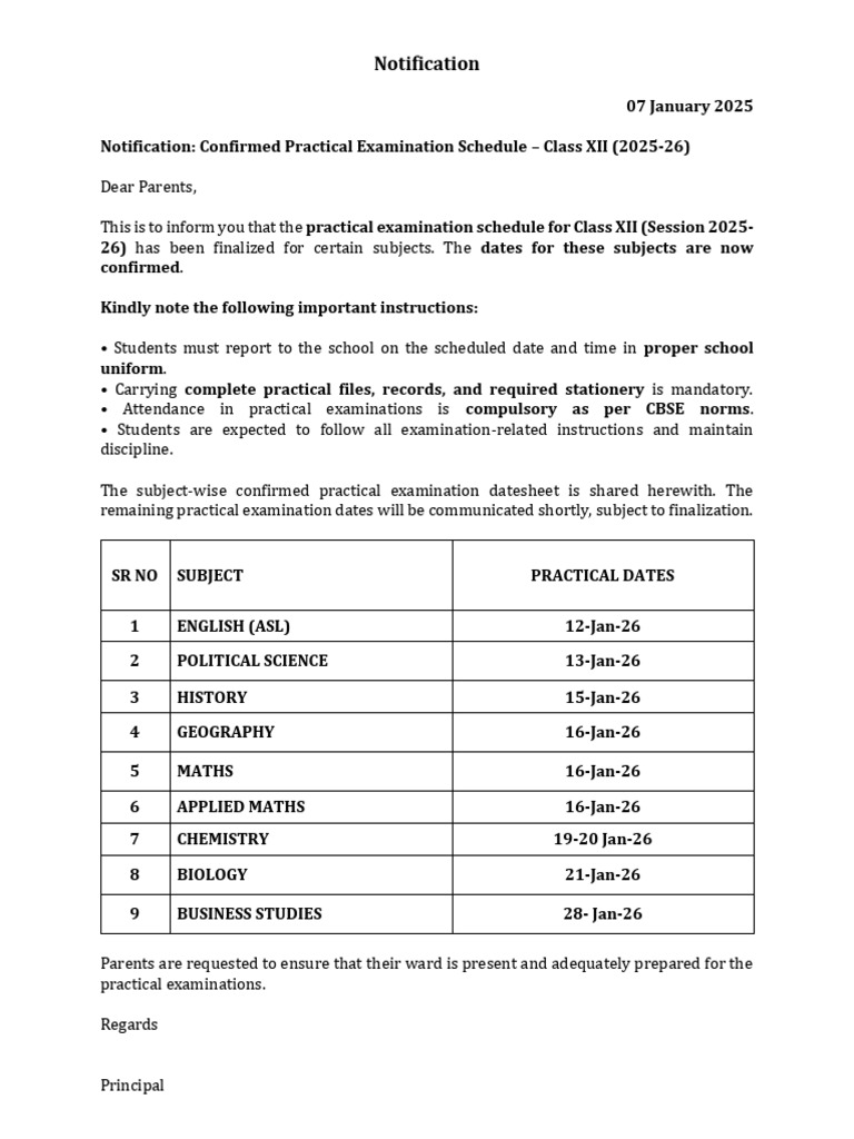 Confirmed Practical Examination Schedule %E2%80%93 Class XII 202526 | PDF