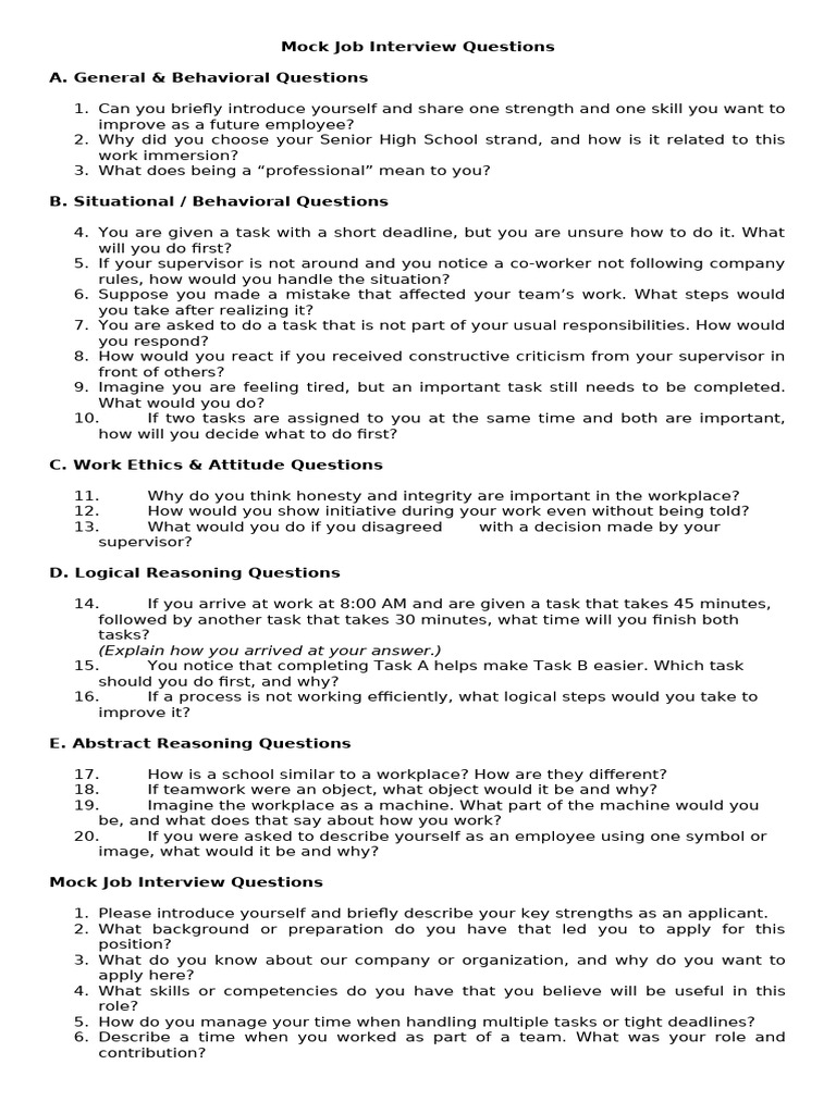 Mock Job Interview Questions | PDF | Job Interview | Psychological Concepts