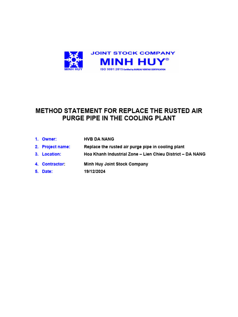 Method Statement For Replace The Existing Air Purge Pipe in Cooling ...