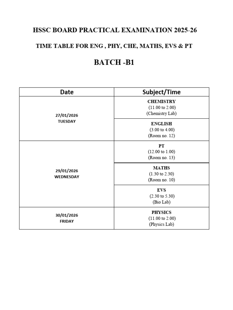 Board Practical Exam Batchwise TT | PDF