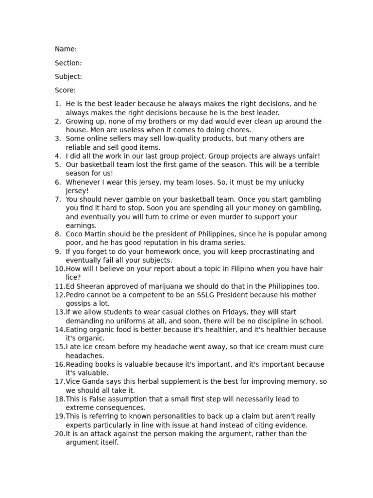 Logical Fallacy Quiz | PDF