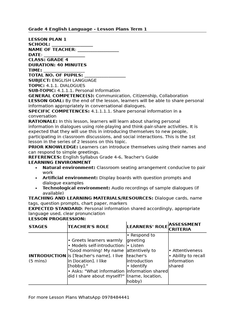 Grade 4 English Language - Lesson Plans Term 1 - 072550 | PDF | Lesson ...