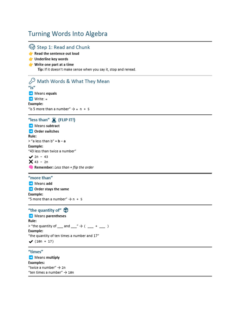 Turning Words Into Algebra Student Reference (1) | PDF
