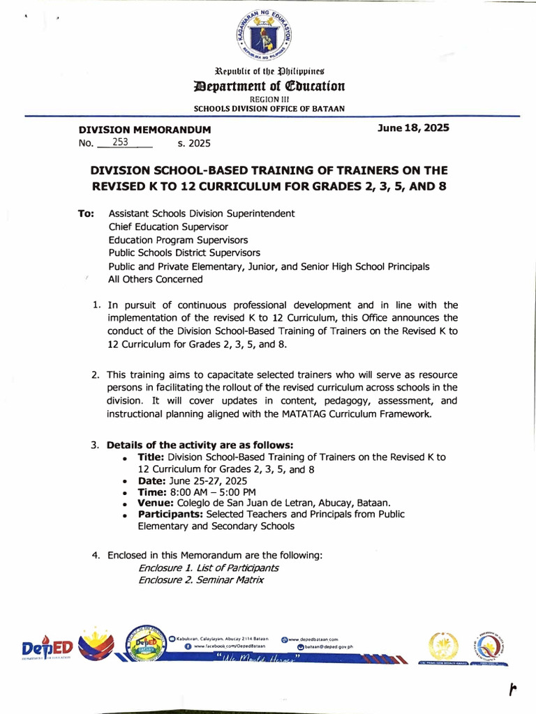 Division School Based Training of Trainers on the Revised K to 12 ...