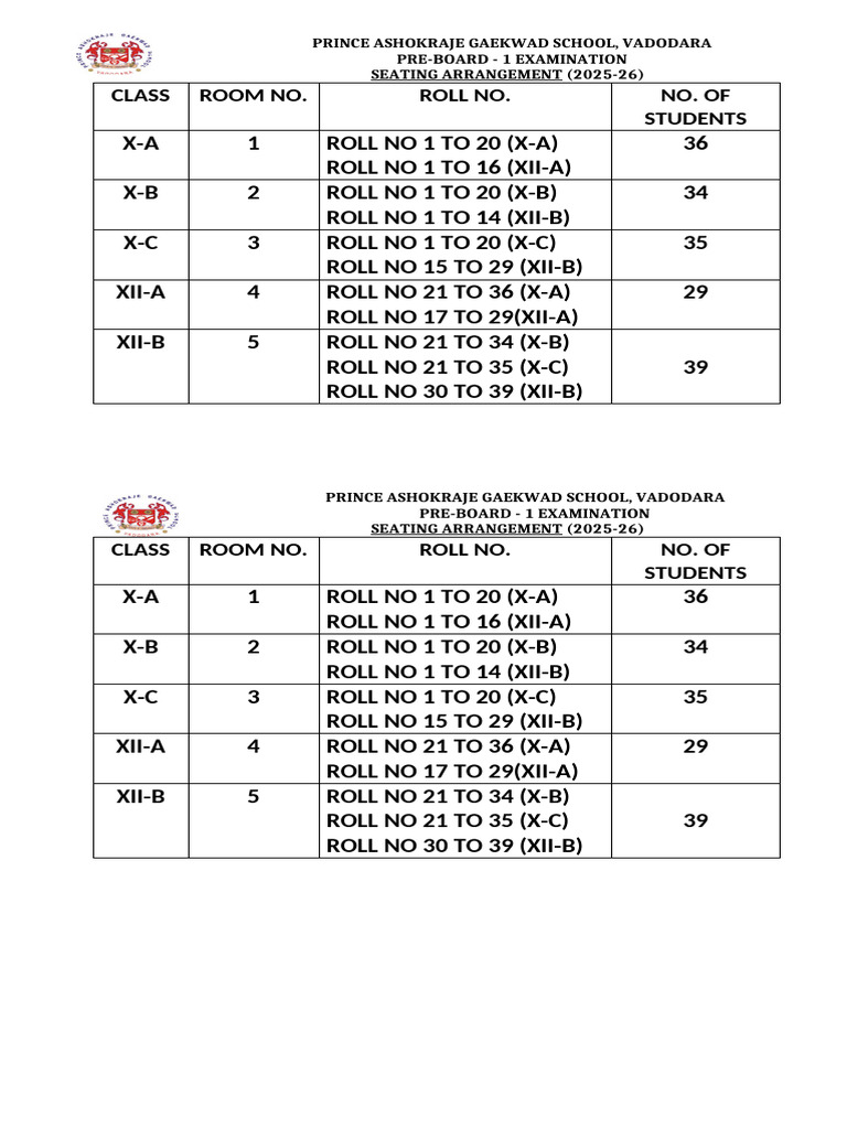 Seating Arrangement Pre-board 1 Dec 2025-26 | PDF