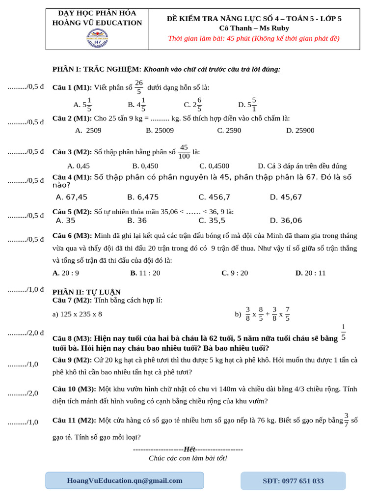 Đề Test Toán 4-5 (5.10.24) | PDF
