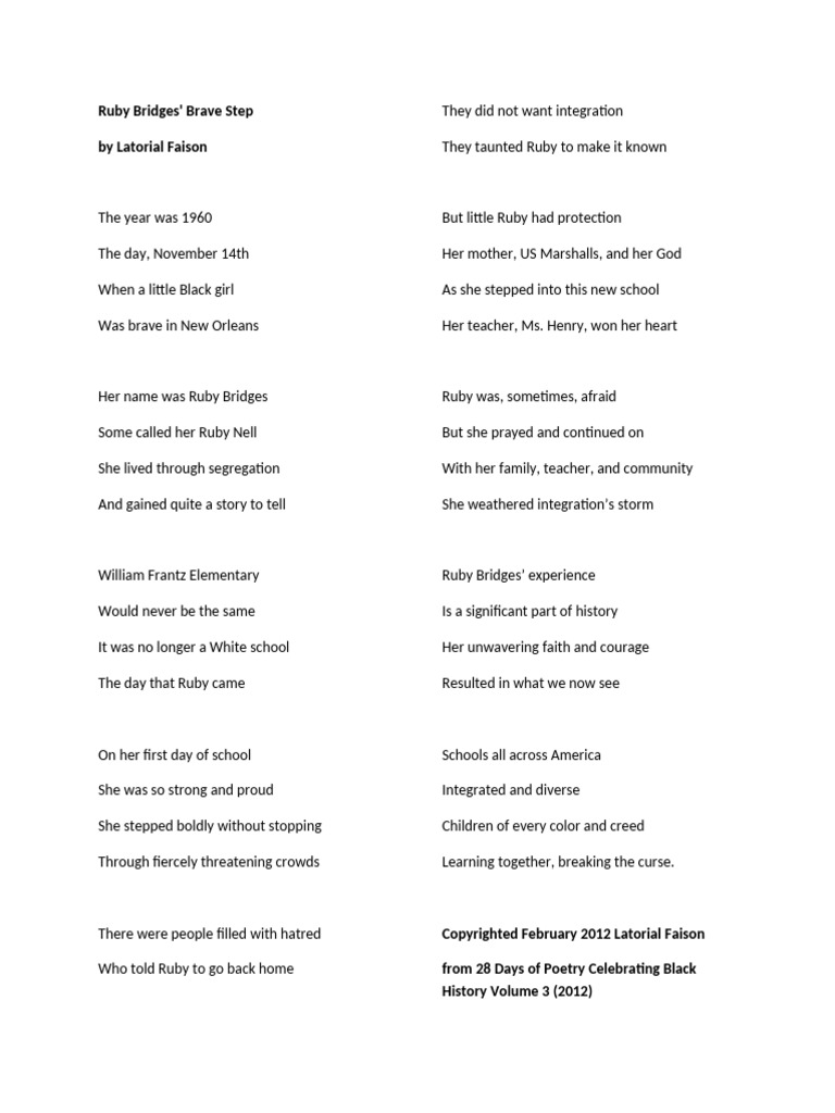 Ruby Bridges Poem | PDF