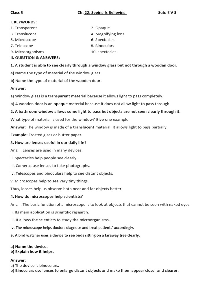 GRADE 5 Seeing Is Believing Notes. | PDF