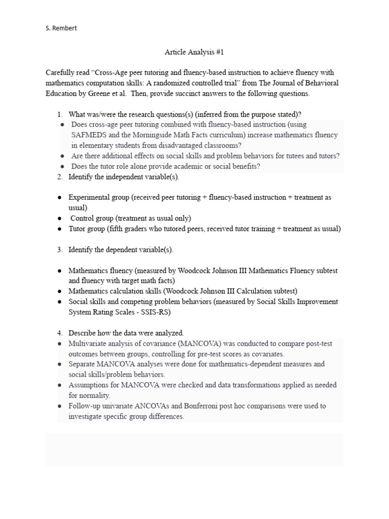 Article Analysis 1 S. Rembert.docx | PDF | Experiment | Mathematics