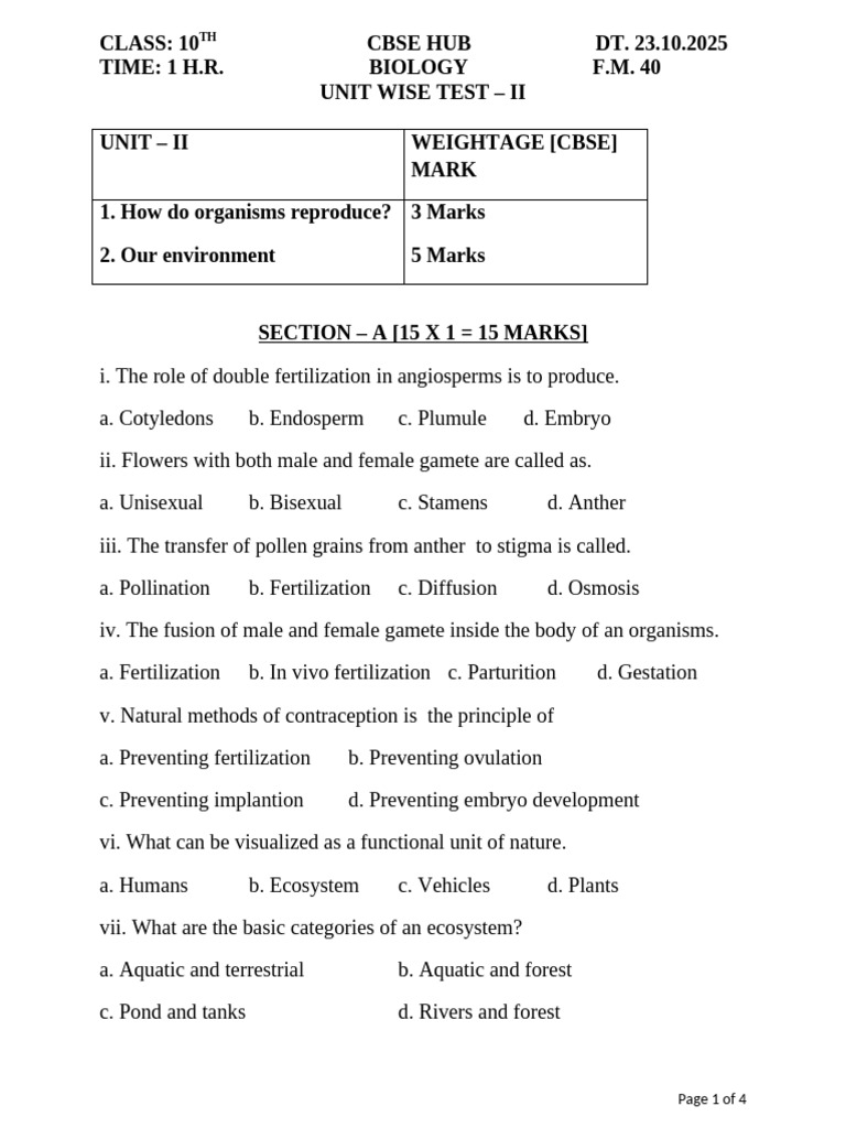 Biology Cbse Unit Test - 2 | PDF | Sex | Fertilisation