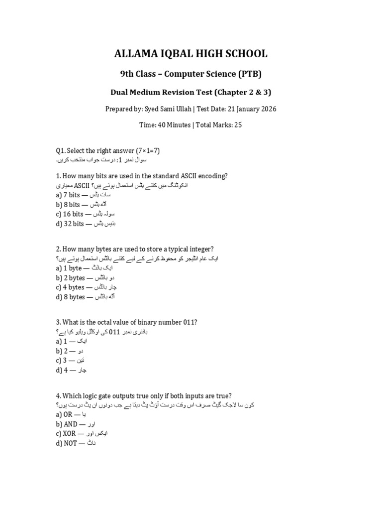 9th_Class_PTB_Computer_Ch2_3_DualMedium(1) | PDF | Bit | Boolean Algebra