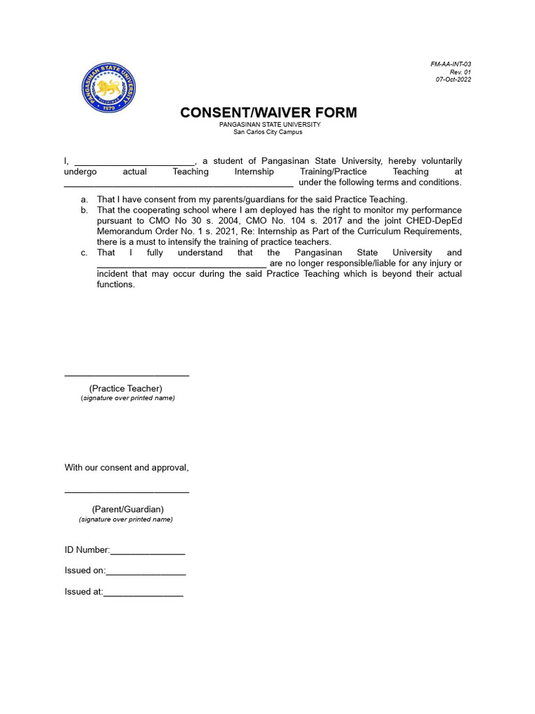 Waiver for on the Job Training Ojt Pangasinan State University Copy | PDF