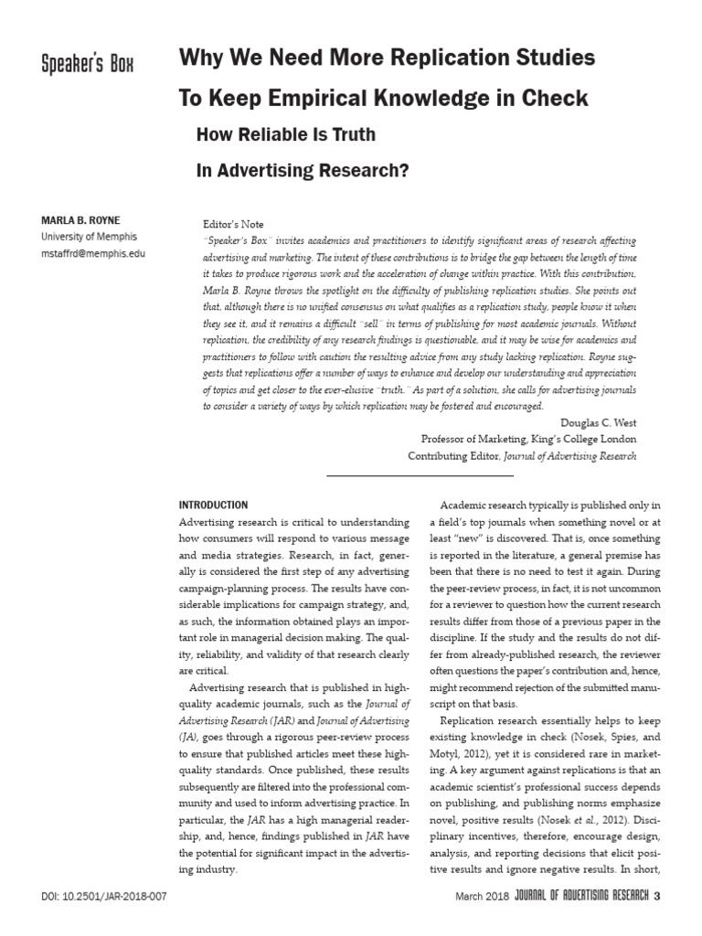 272. 2018 Royne - Why We Need Replication Studies | PDF | Replication ...