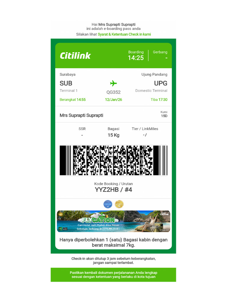 Boarding Pass Mrs. SUPRAPTI Rute SUB-DJJ TGL 12-1-26 | PDF