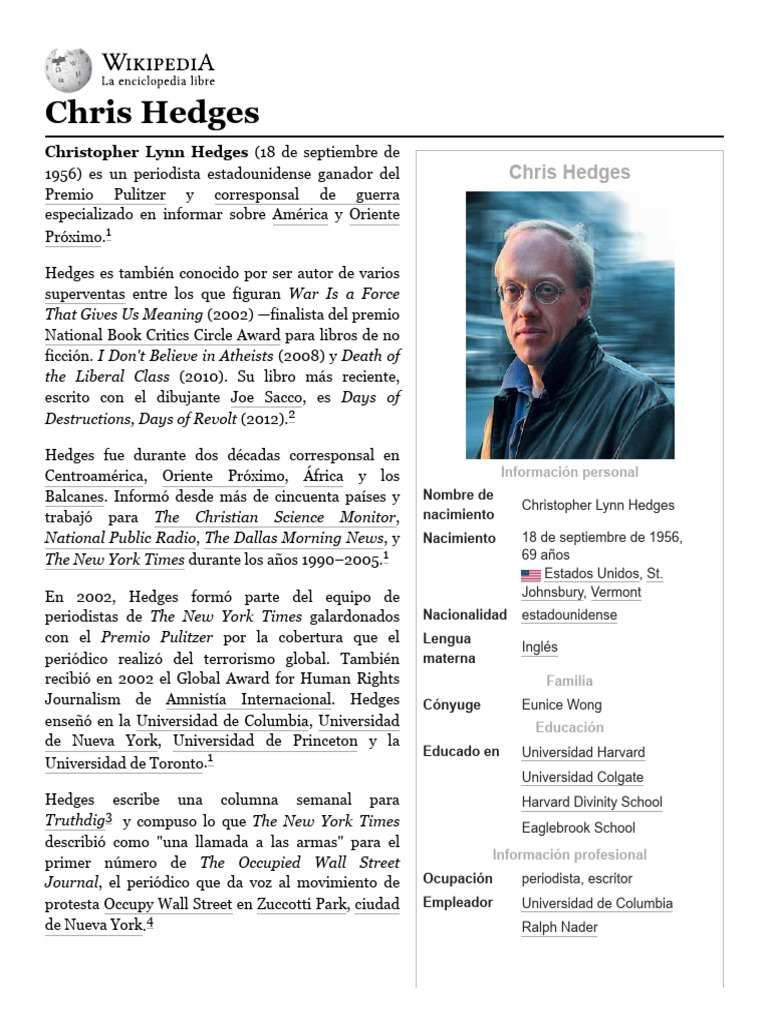 Chris Hedges - Wikipedia, La Enciclopedia Libre | PDF