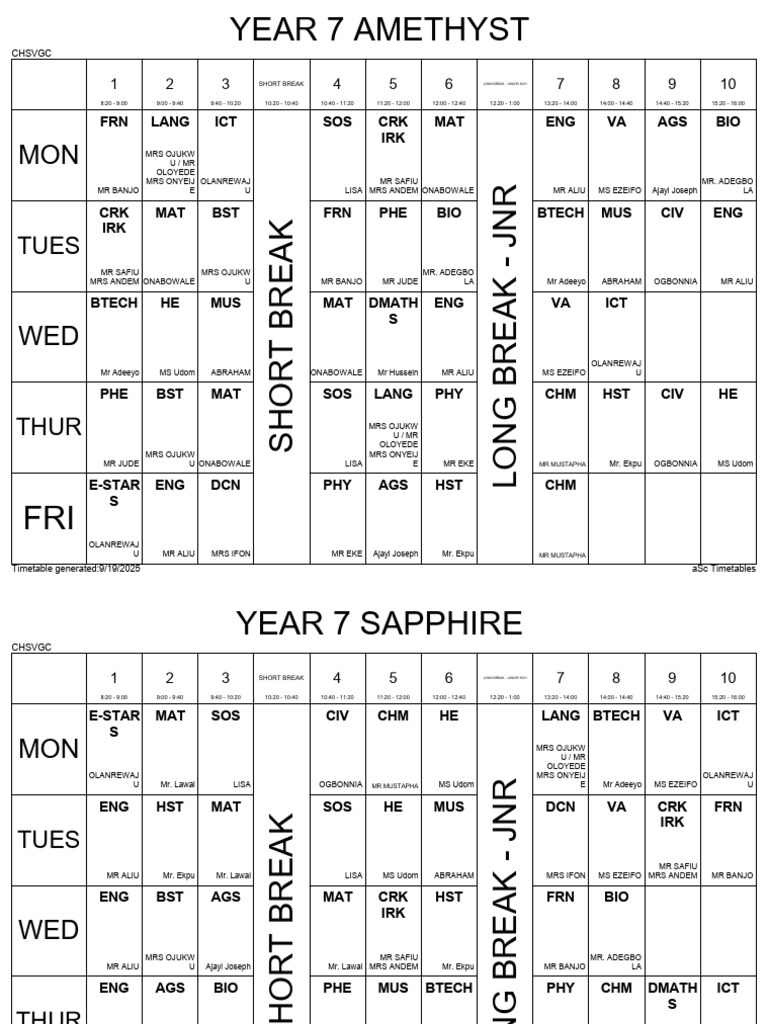 Class Timetable 2025-26 1st Term | PDF