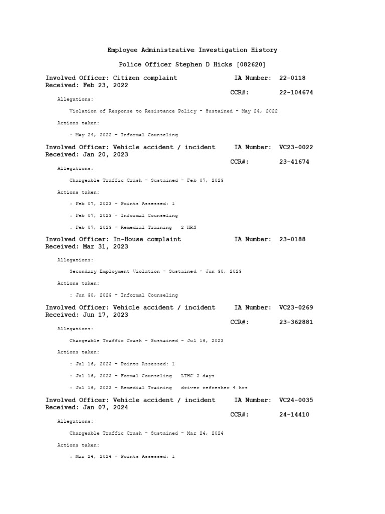 Hicks Employee Administrative Investigation History | PDF | Traffic ...