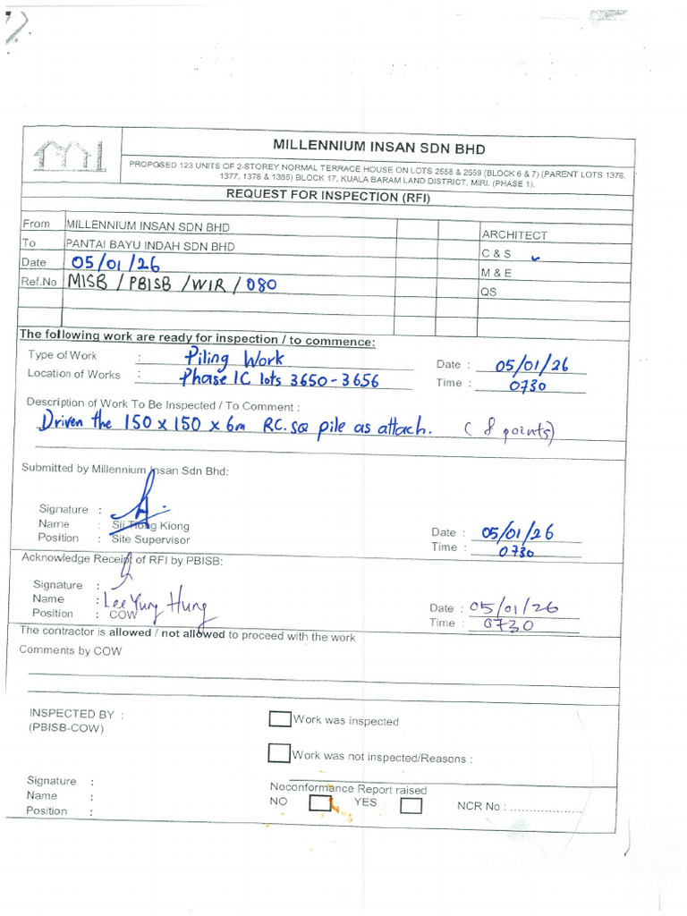 Pilling Inspection & Record 150 x 150 RC Pile (05.01.2026) | PDF