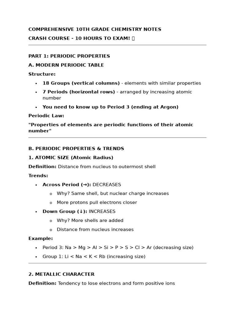 Comprehensive 10th Grade Chemistry Notes | PDF | Ion | Chlorine