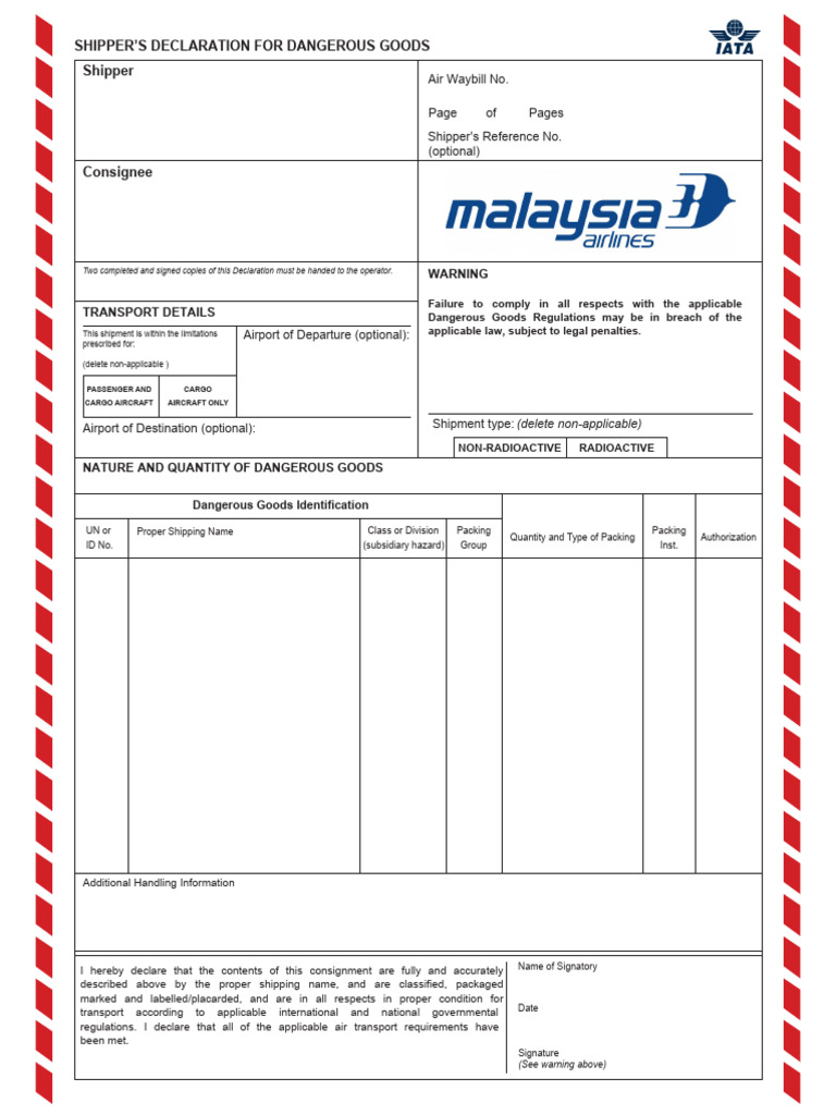 Shippers Declaration Column Fillable With Logo | PDF | Dangerous Goods ...