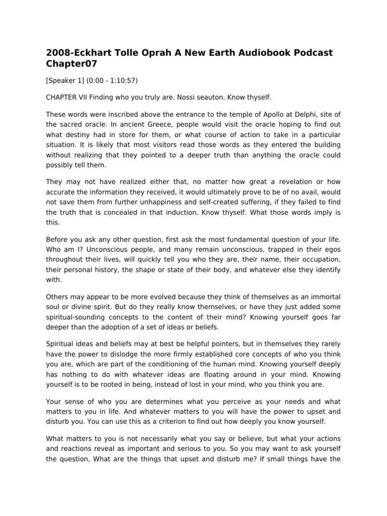 2008-Eckhart Tolle Oprah a New Earth Audiobook Podcast Chapter07 | PDF ...
