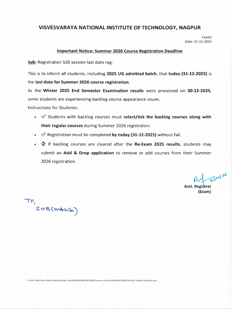 S26 Reg. Schedule Date Note | PDF