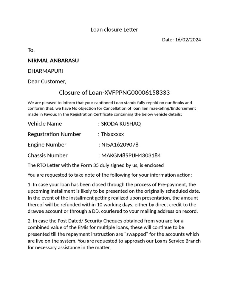 Loan Closure Letter | PDF