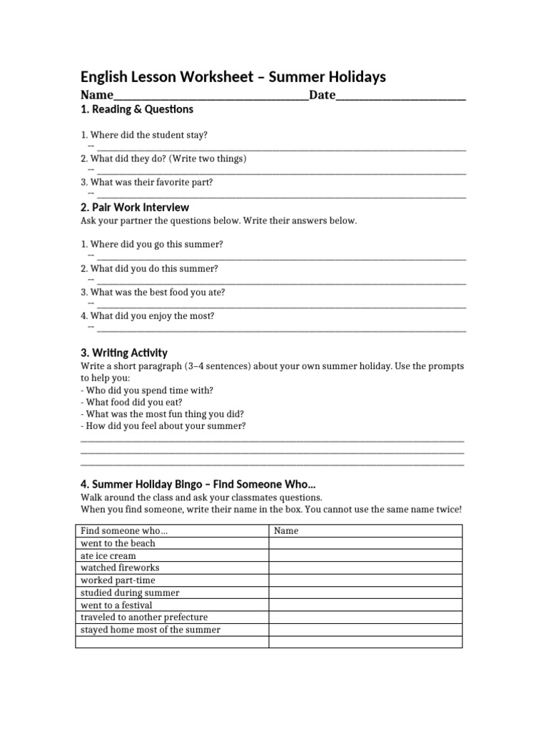 Summer Holiday Worksheet | PDF