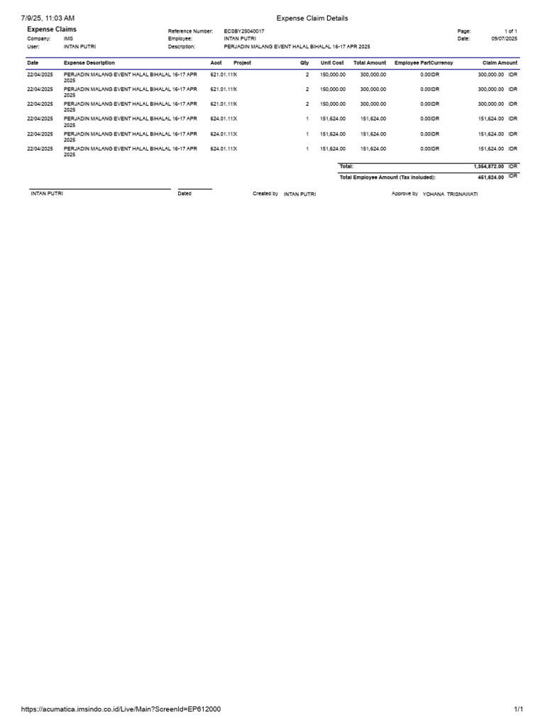 Expense Claim Details - Intan Perjadin 16-17 April 2025 | PDF