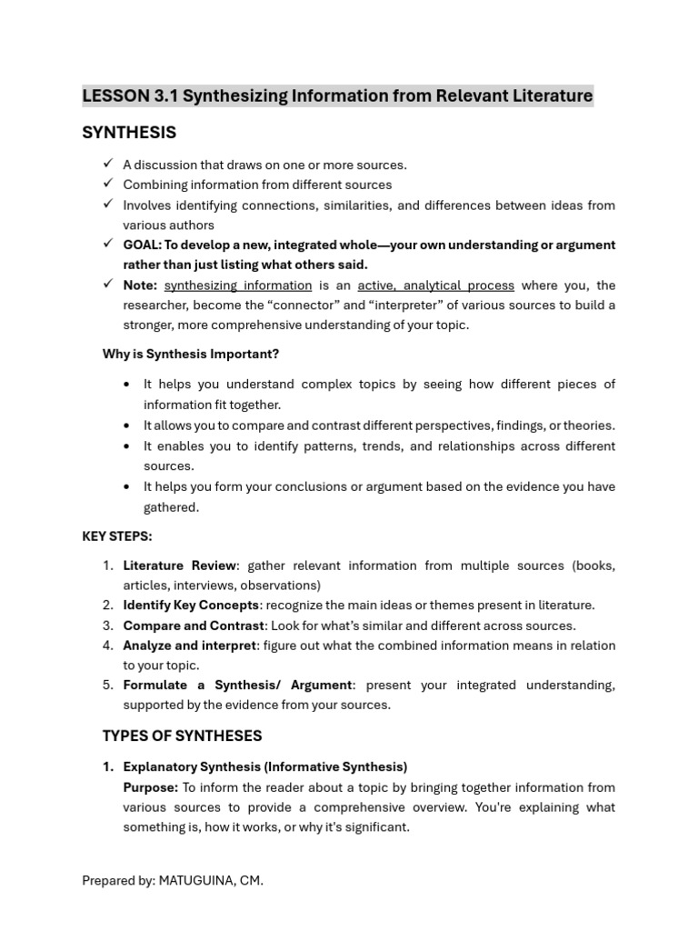 Lesson 3.1 Synthesizing Literature (1) | PDF | Information | Evidence