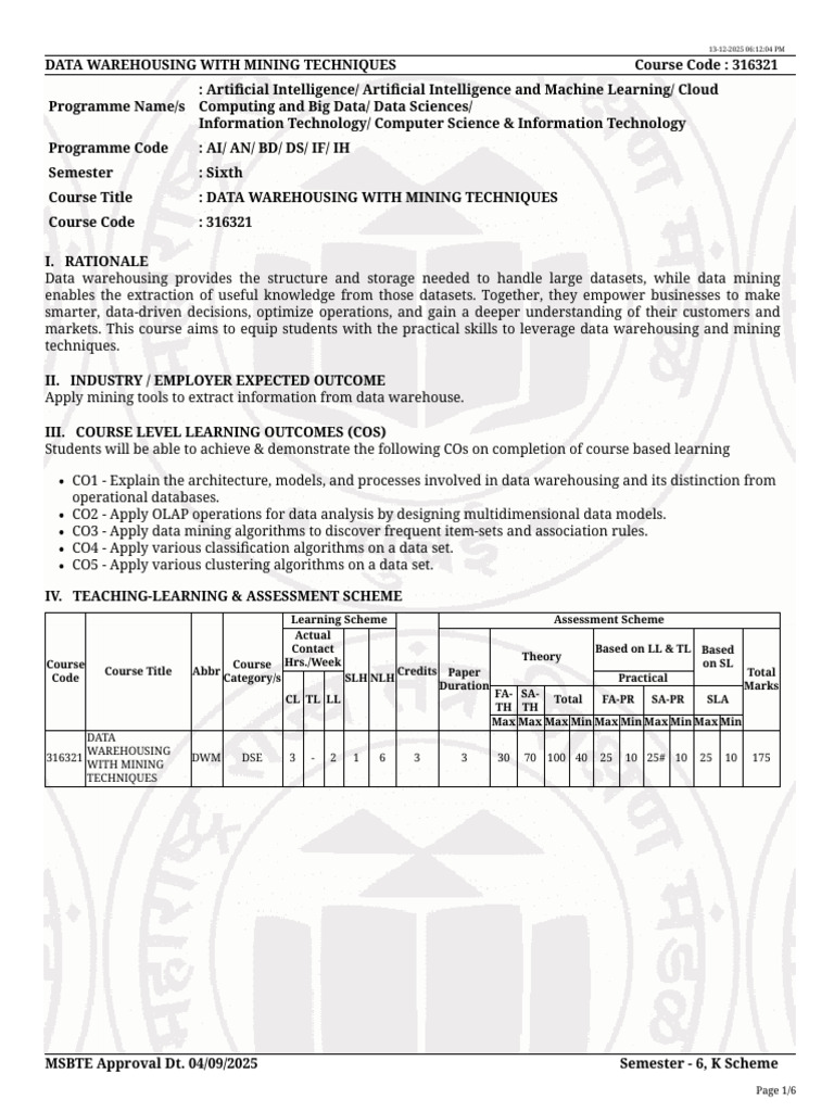 316321-Data Warehousing With Mining Techniques | PDF | Data Warehouse | Cluster Analysis