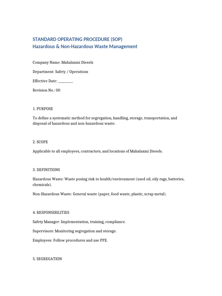 SOP Hazardous Non Hazardous Waste Management | PDF