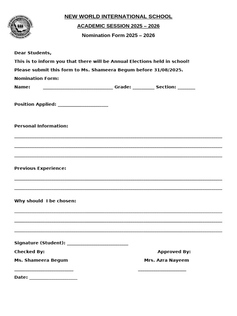 Election Nomination Form 2025-26 | PDF