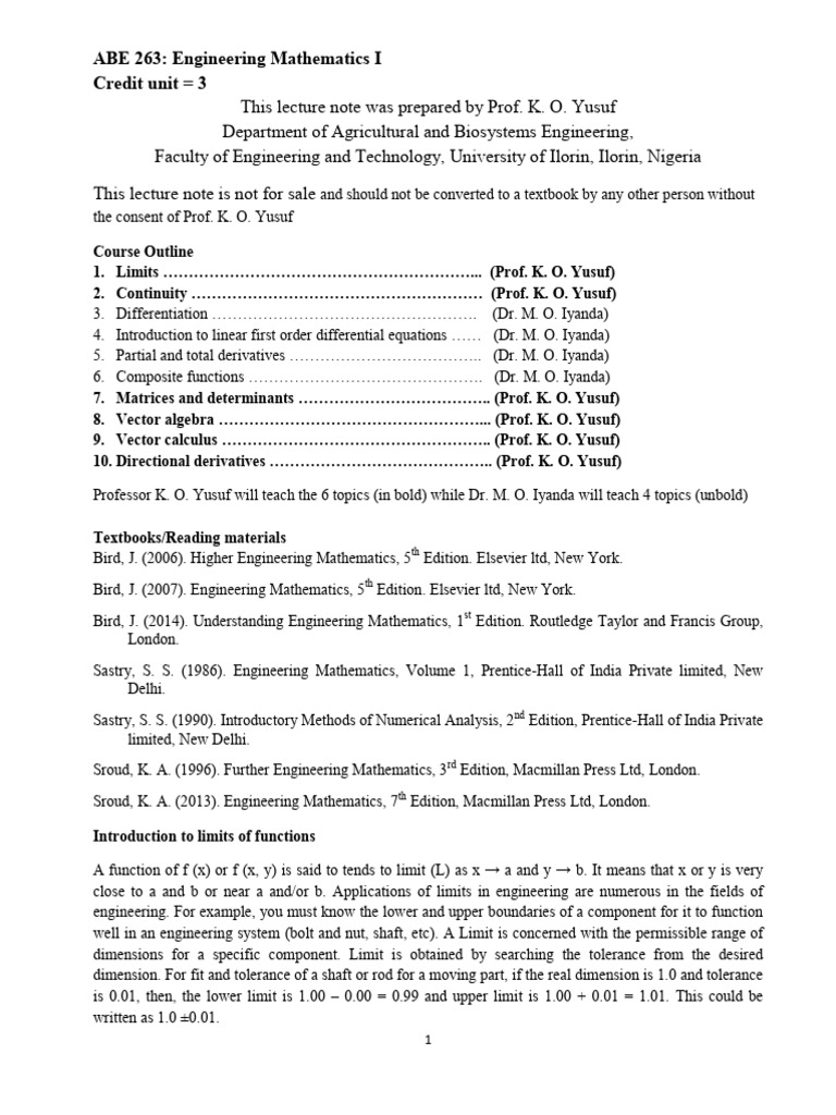 Abe 263 Engineering Mathematics i Lecture Note Nov 2024 -Complete Note ...