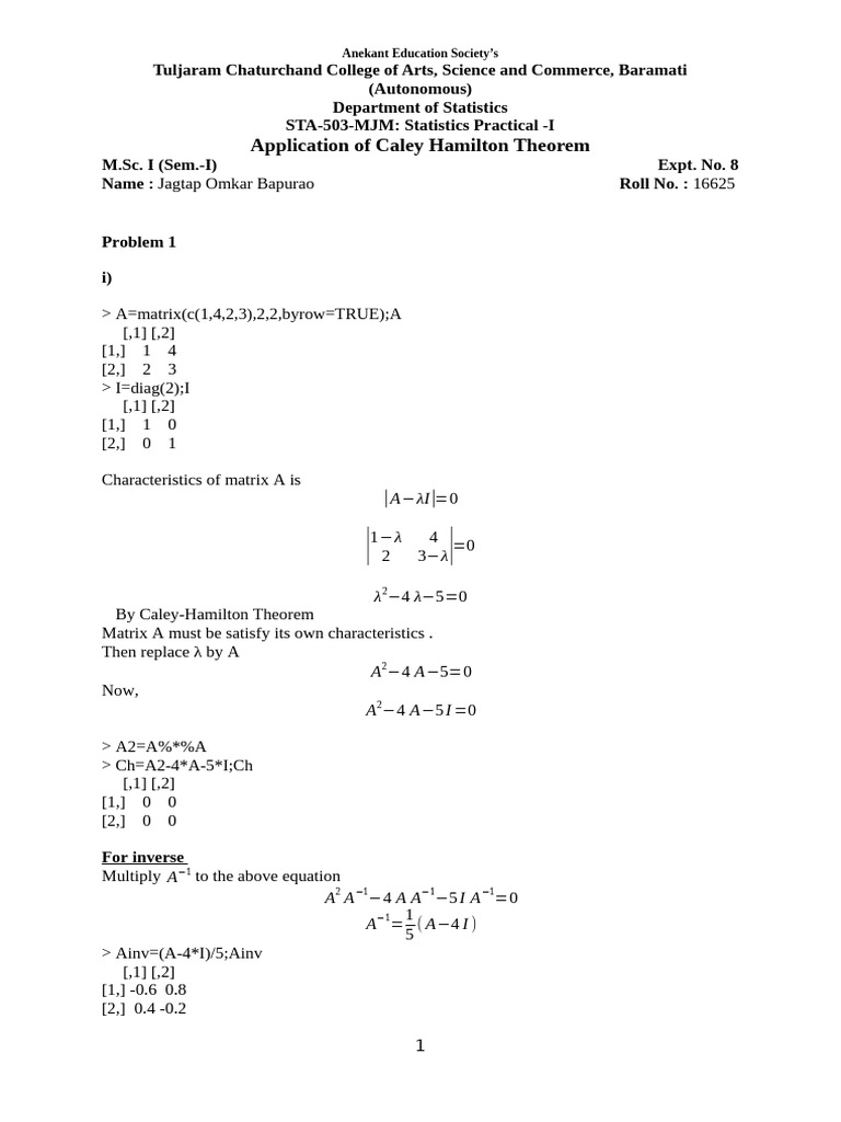 8 Application of Caley Hamilton Theorem | PDF | Matrix (Mathematics ...