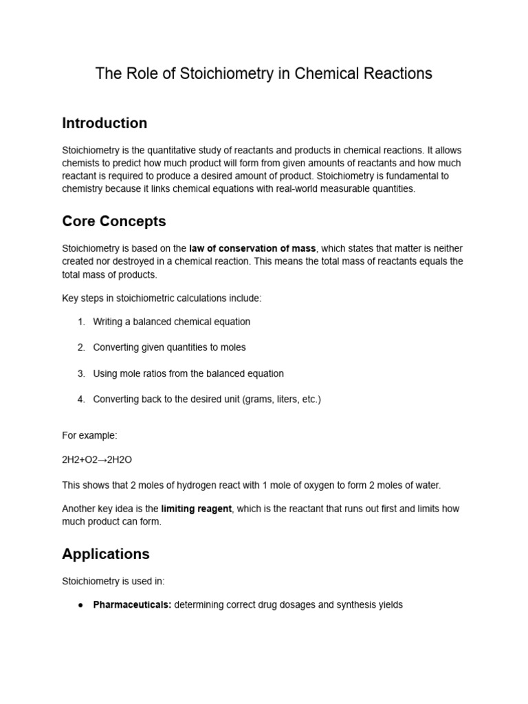 The Role of Stoichiometry in Chemical Reactions | PDF