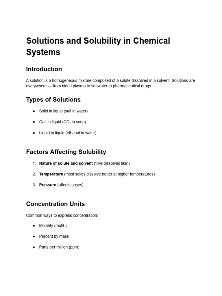 Solutions and Solubility in Chemical Systems | PDF | Solubility | Mixture