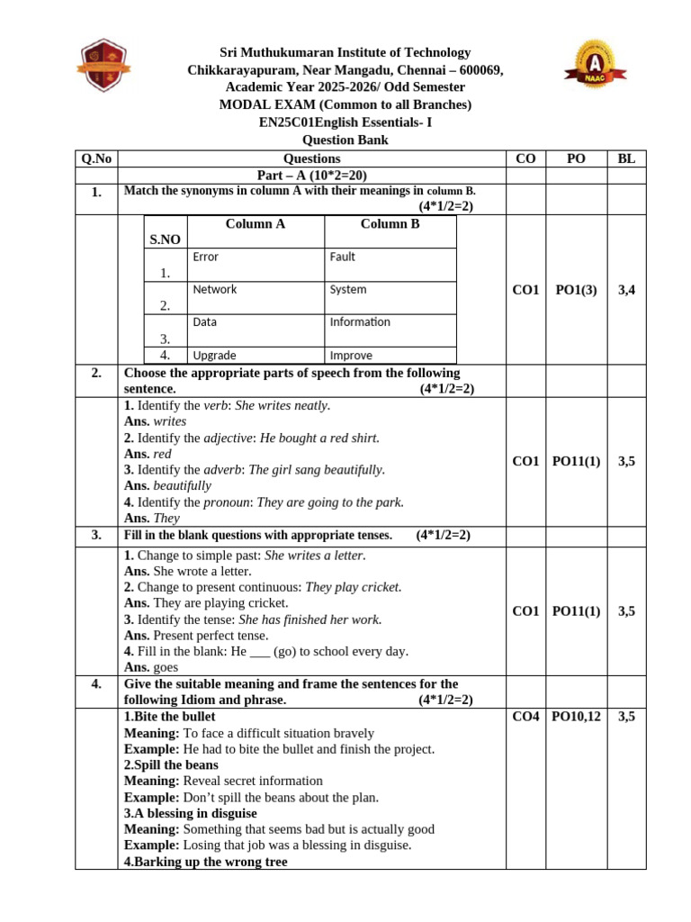Set - 1 Qb Model Exam Full | PDF | Part Of Speech | Verb