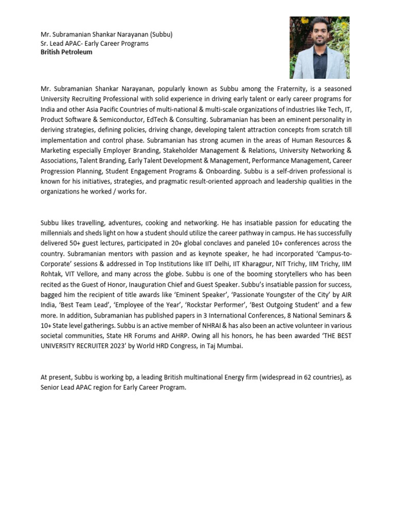 Profile - Mr. Subramaninan (Subbu) | PDF | Business Economics | Business