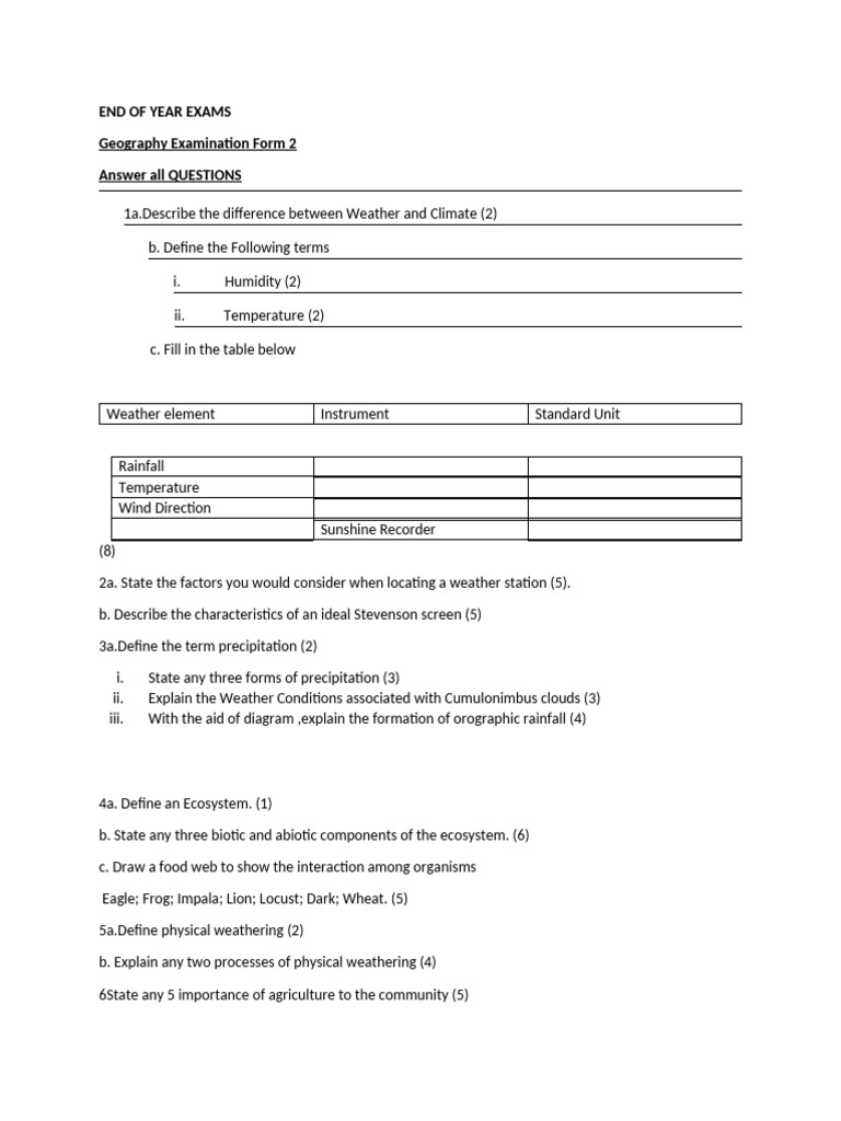 Geography Examination Form 1 | PDF