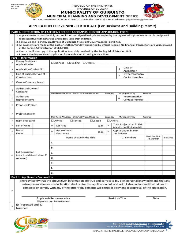 Application For Zoning Certification For Business and Building Permit ...