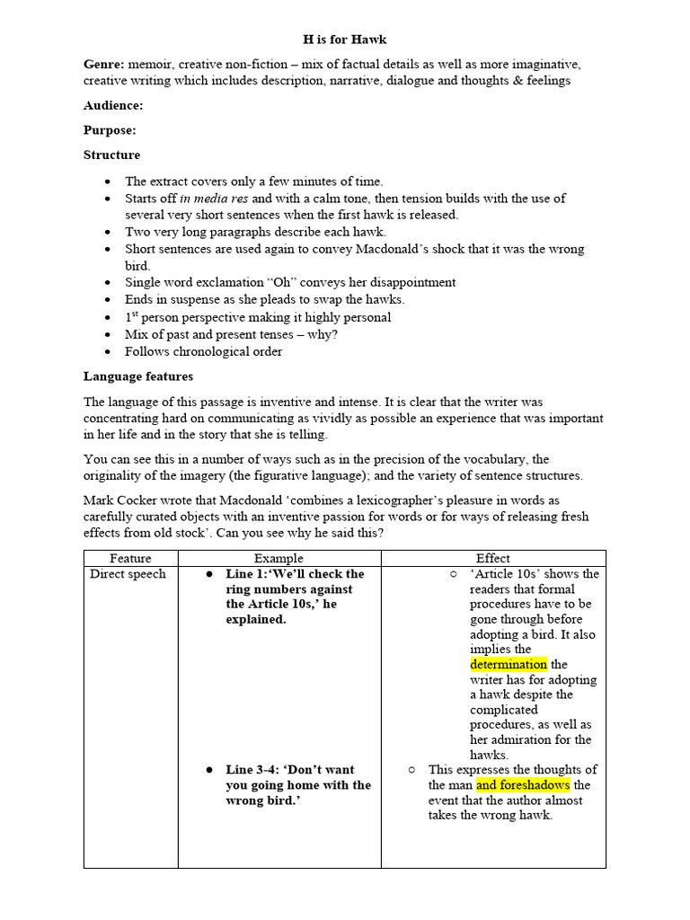 H is for Hawk Table - With Students' Sample Answers | PDF | Ellipsis