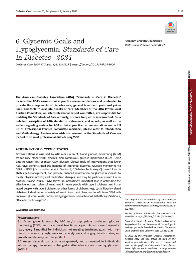 Hypoglycemia ADA 2024 | PDF | Glycated Hemoglobin | Diabetes