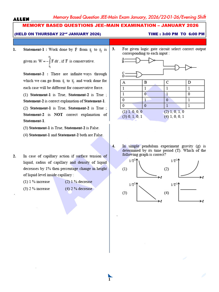 22.01.26 Shift-2 Phy_ Without Solutions | PDF | Gases | Physics