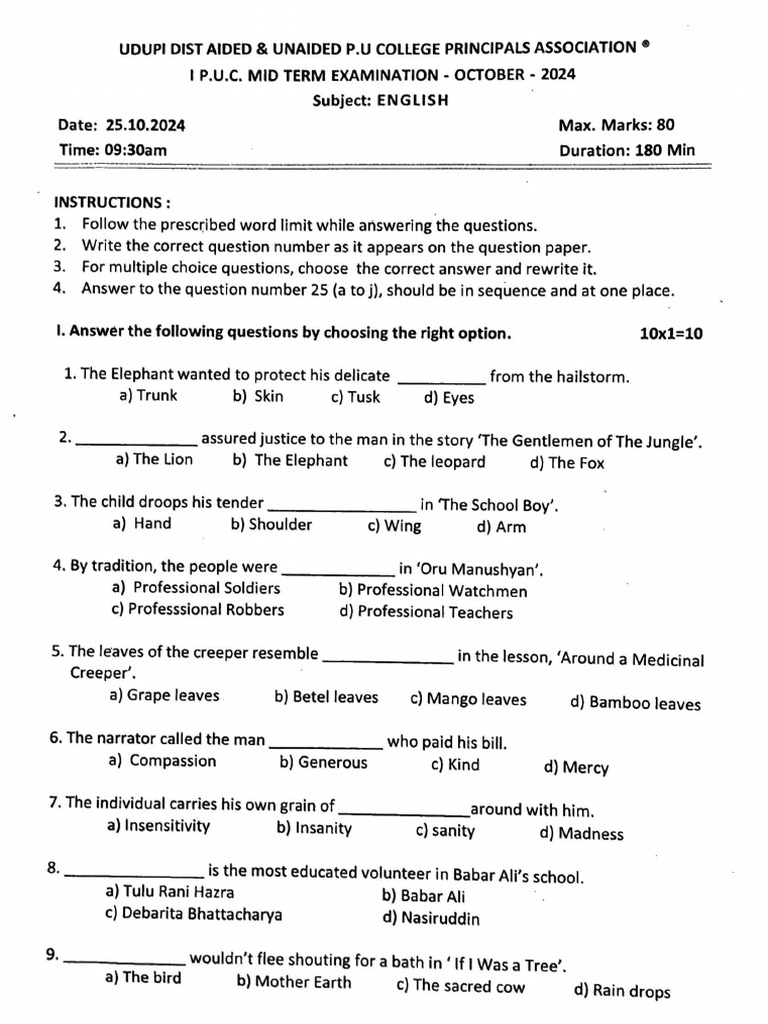 English District Paper - Mid Term | PDF