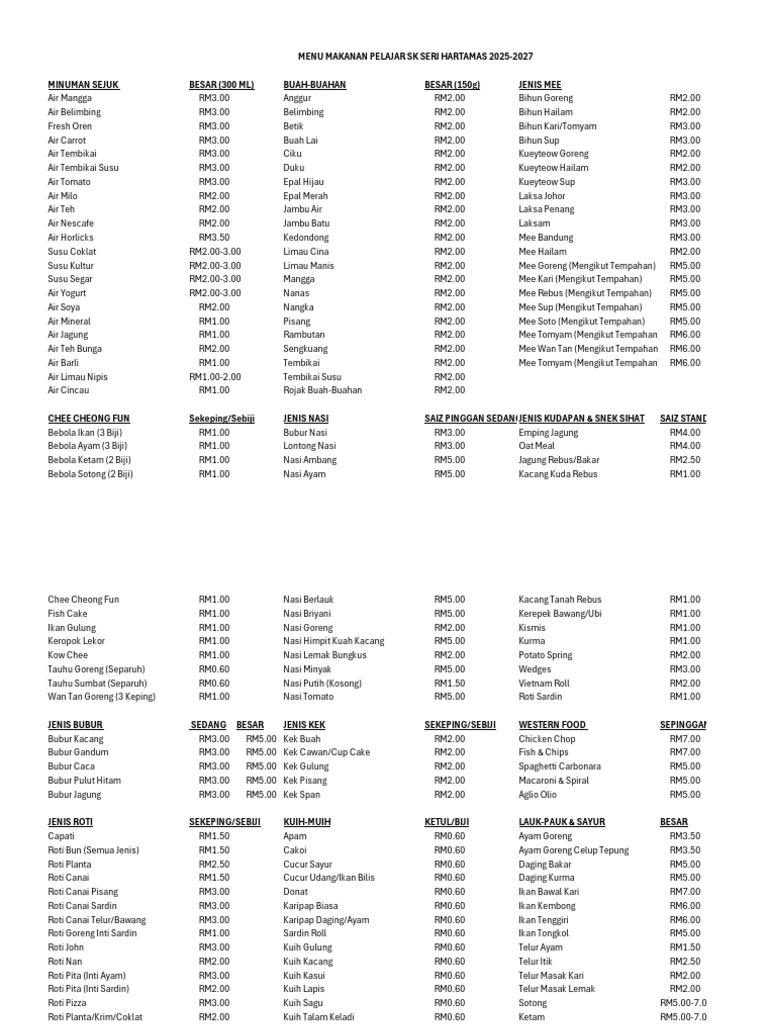 Menu Makanan Pelajar SK Seri Hartamas 3 2026 | PDF | East Asian Cuisine ...