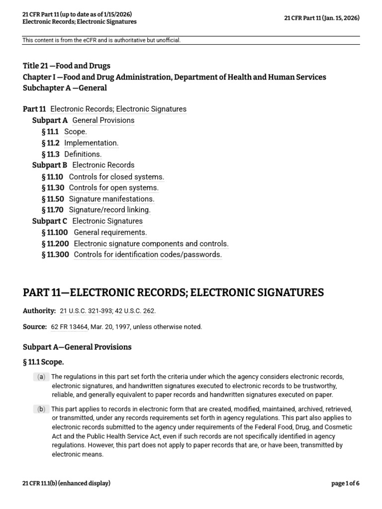 21 CFR Part 11 (Up to Date as of 1-15-2026) | PDF | Signature ...