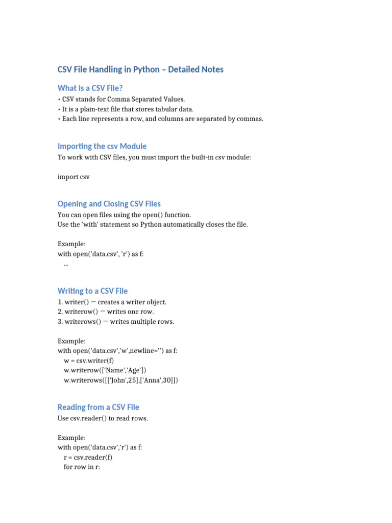 CSV File Handling Notes | PDF