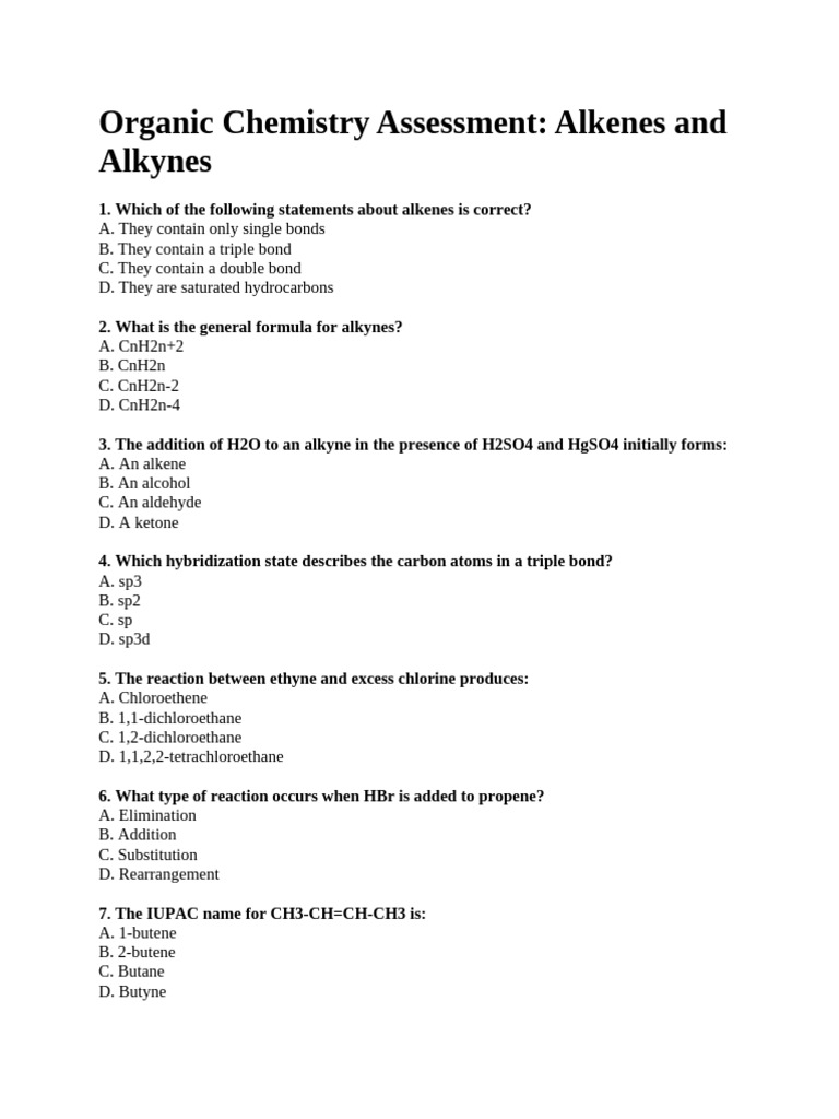 Quiz in Alkene and Alkyne | PDF